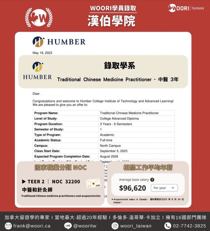 【WOORI 榮譽榜】2023.5 月錄取榜專業｜ Humber - 中醫師